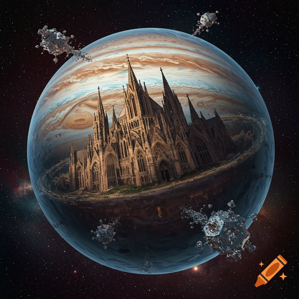 A gothic cathedral built on a large planet resembling Jupiter in outer space, surrounded by ...
