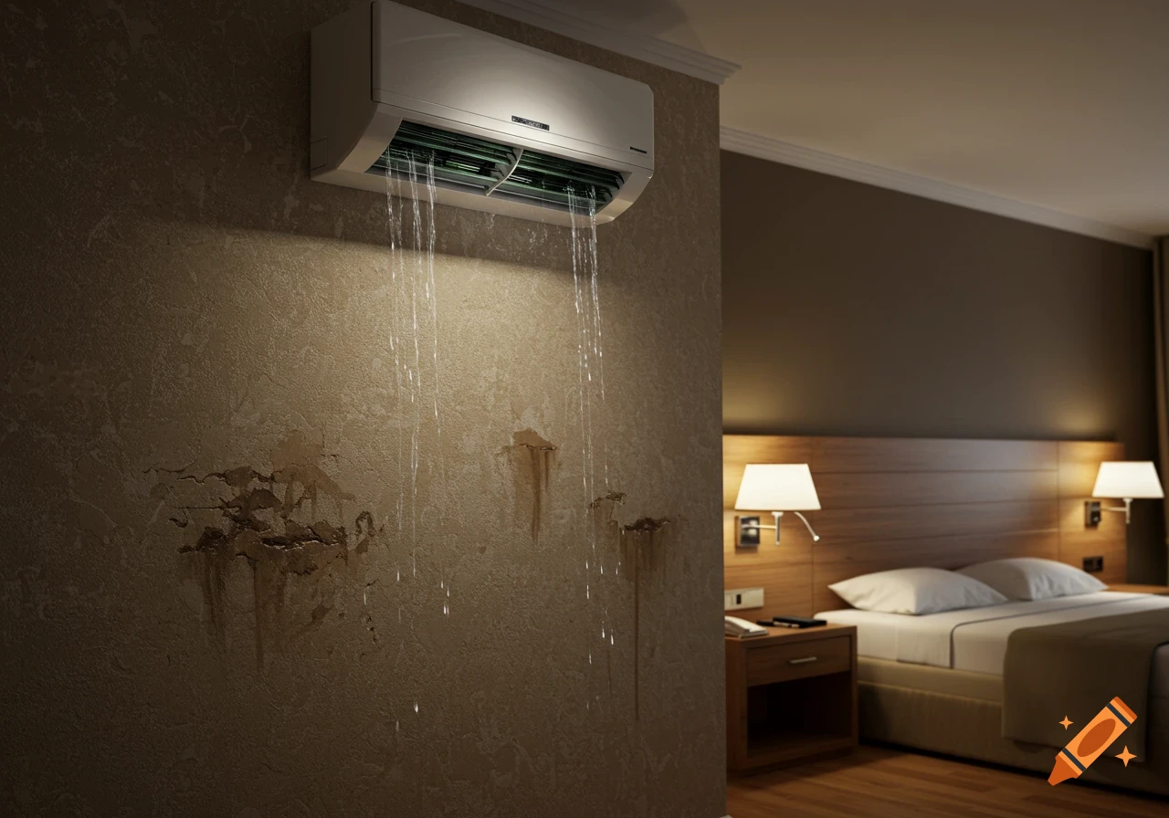 A hyper-realistic image of a hotel guest room with a leaking wall ...