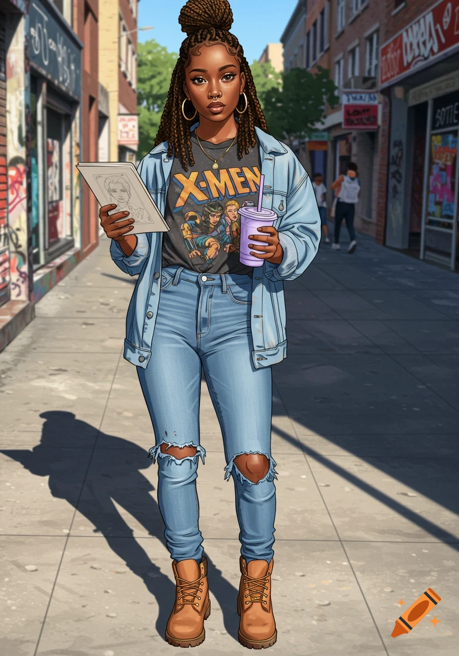 Stylized illustration of four young women wearing 90s fashion outfits ...