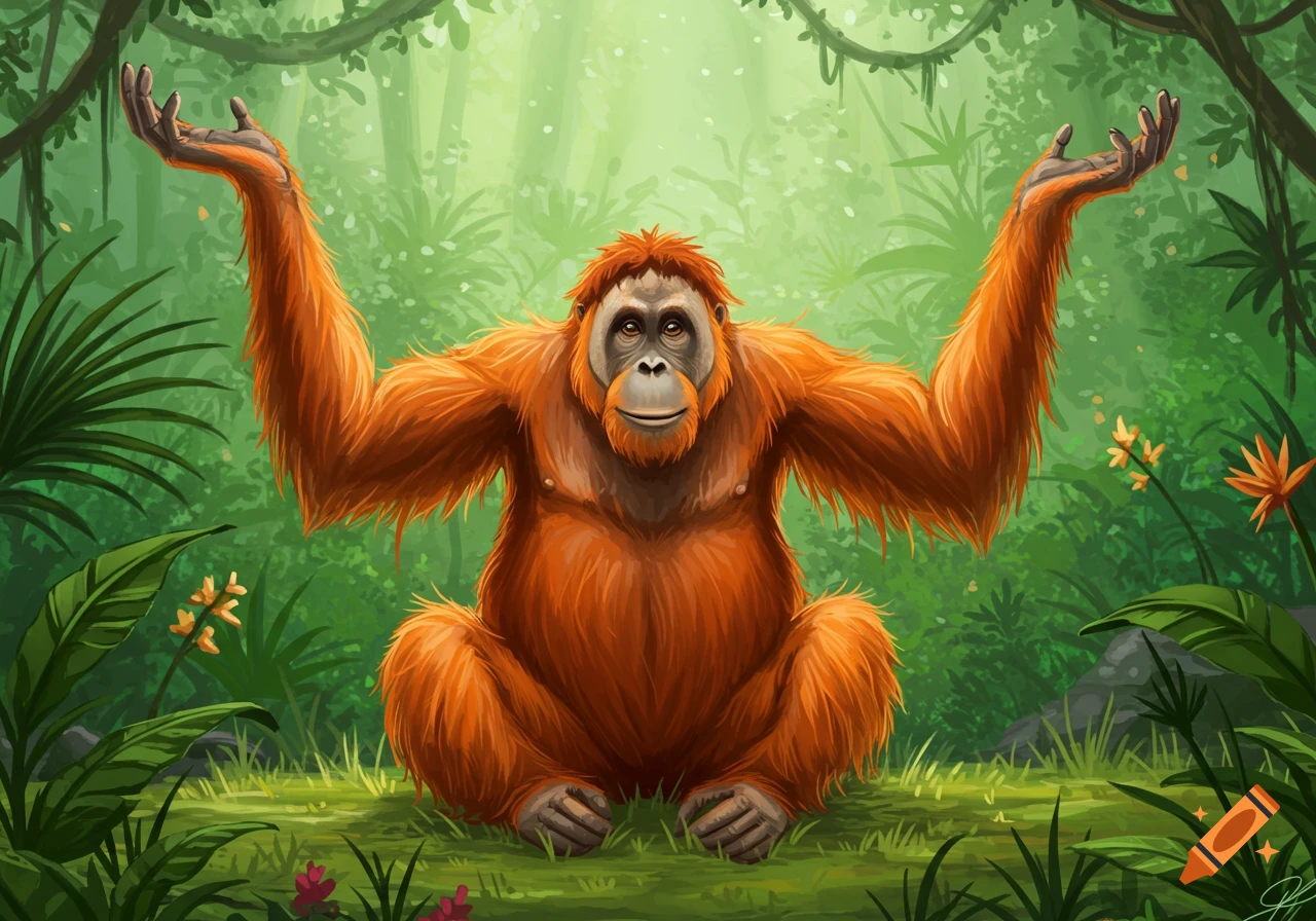 An orange orangutan sits in a lush green jungle with its arms raised ...