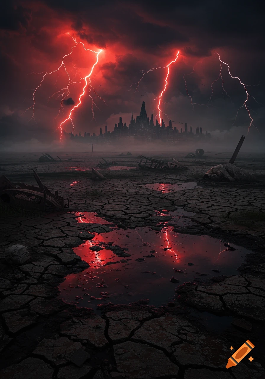 Post-apocalyptic landscape with destroyed city, red sky, lightning, and ...