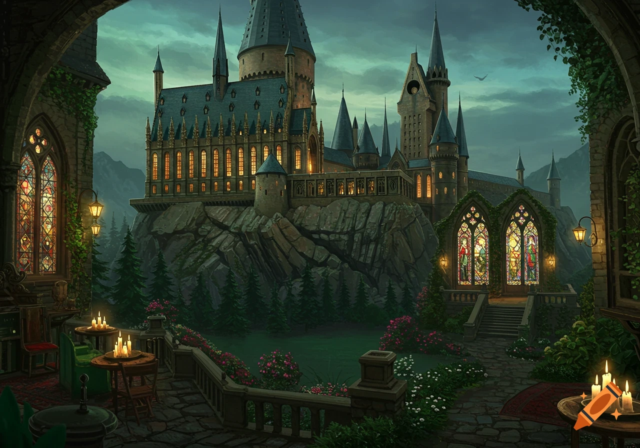 A majestic fantasy castle, similar to Hogwarts, stands on a cliff ...