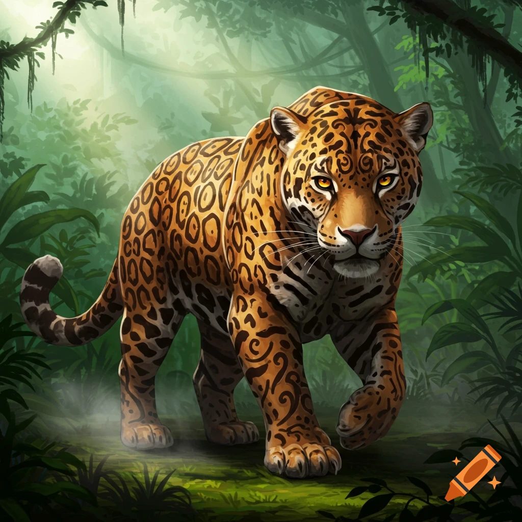 Two stylized leopards with golden, spotted fur touch noses in a lush ...