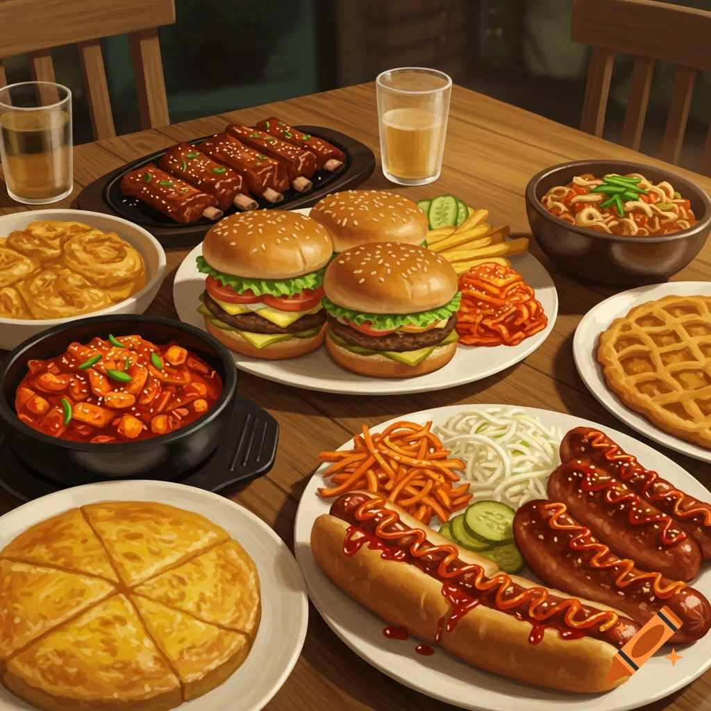 A full table spread with a variety of American and Korean dishes ...