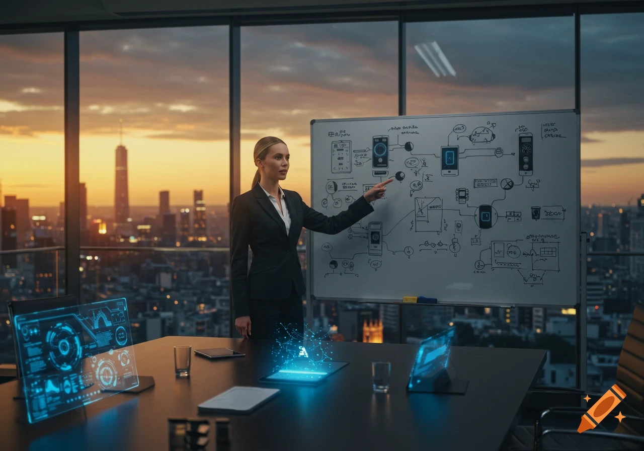 A blonde boss in a suit points at a whiteboard with diagrams in a ...