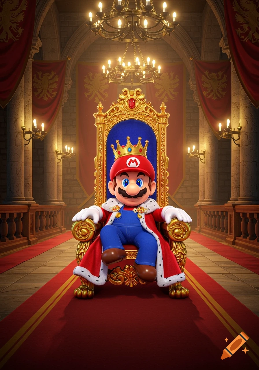 Mario as a king, wearing a red and gold royal robe and crown, sitting ...