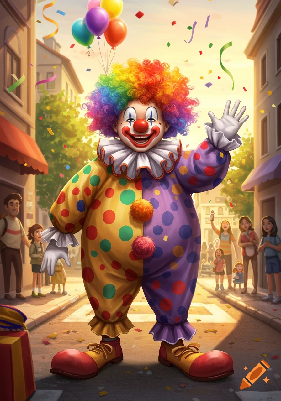 A cute, colorful cartoon clown with orange hair sits among glowing jack ...