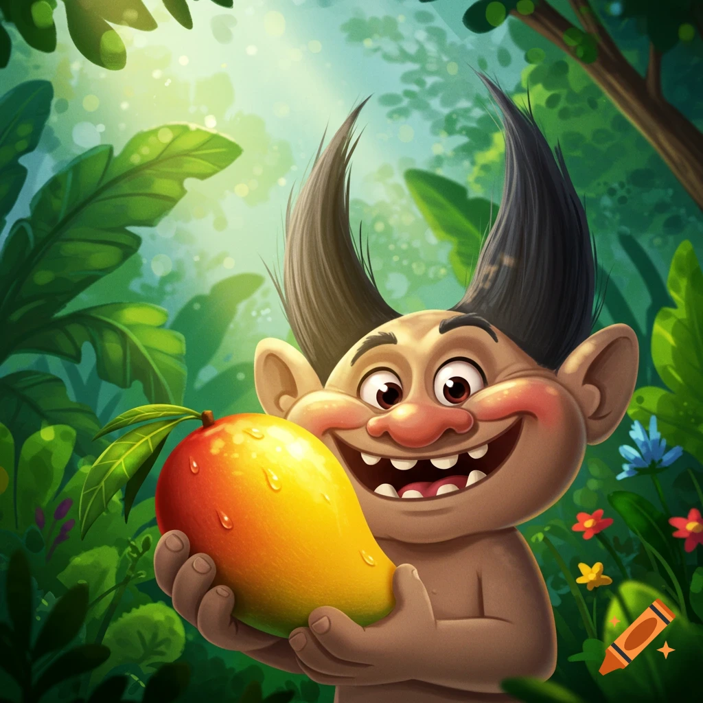 A happy, cartoonish troll with pointy hair holds a large, ripe mango in ...