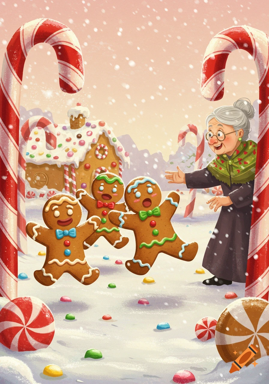 Whimsical illustration of three gingerbread men running from an old ...