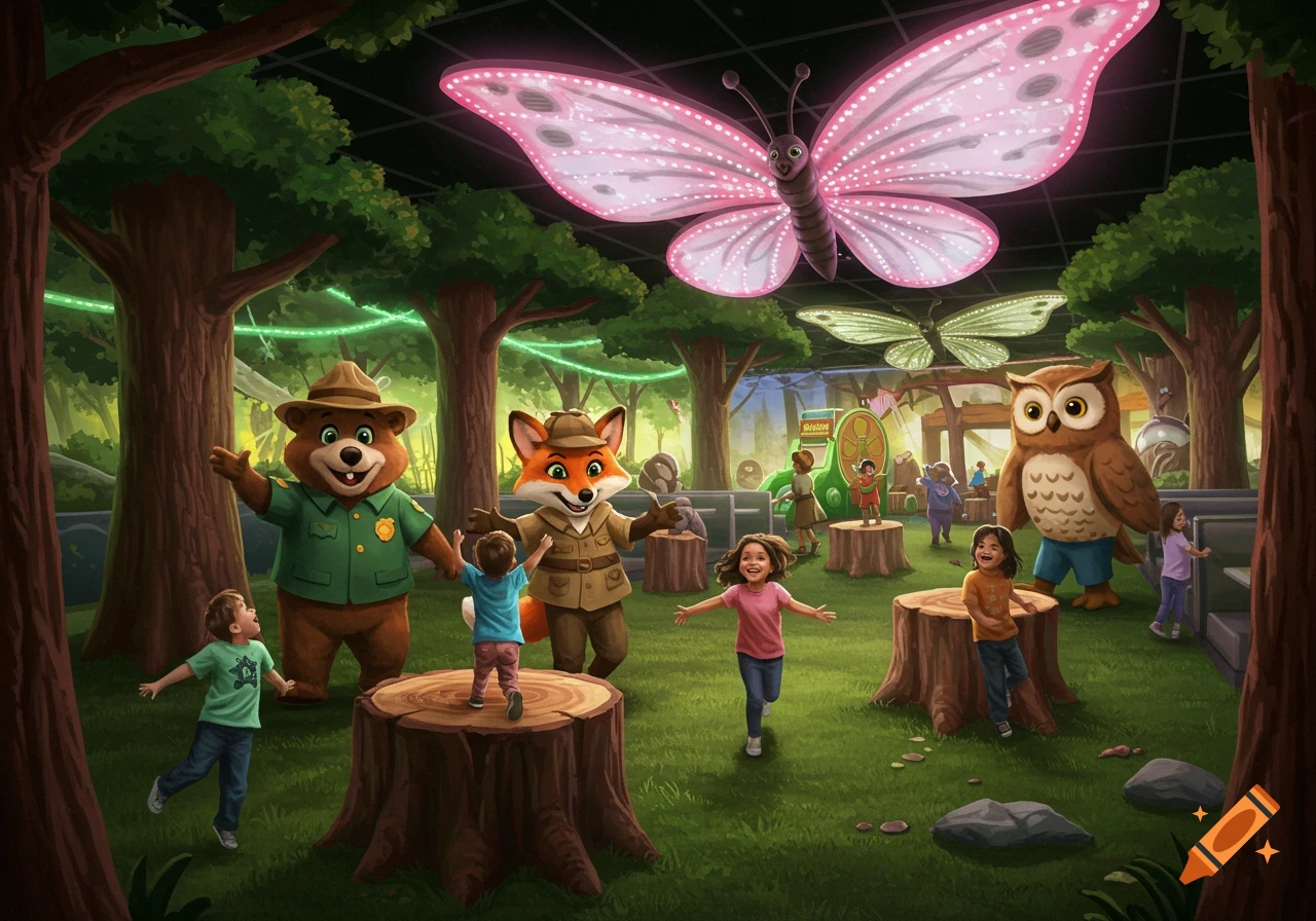 Children playing with anthropomorphic animal mascots in a vibrant ...