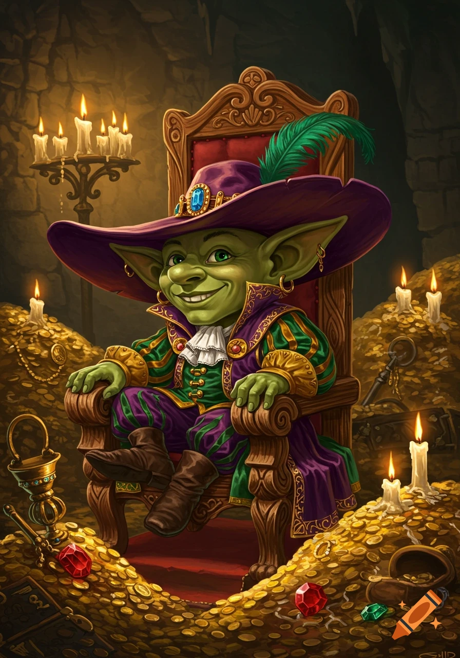 A fat, green goblin gleefully sits amidst towers of dirty dishes and ...