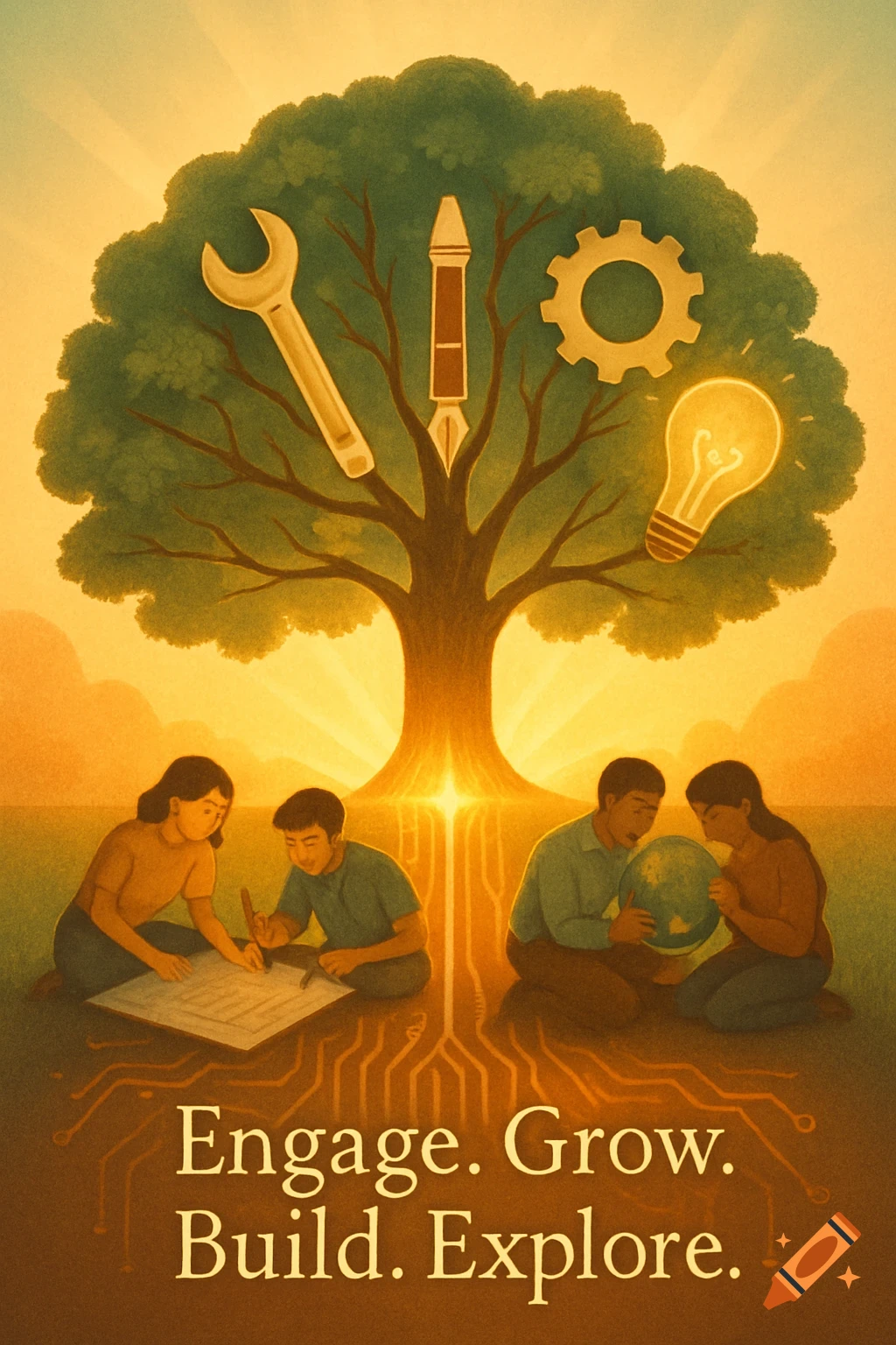 An inspirational illustration with a tree whose roots are circuit ...