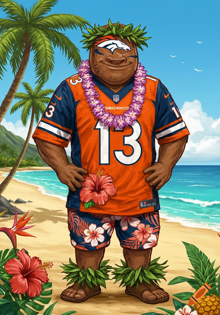 Cartoon mascot in a Denver Broncos jersey, floral shorts, and lei, on a ...