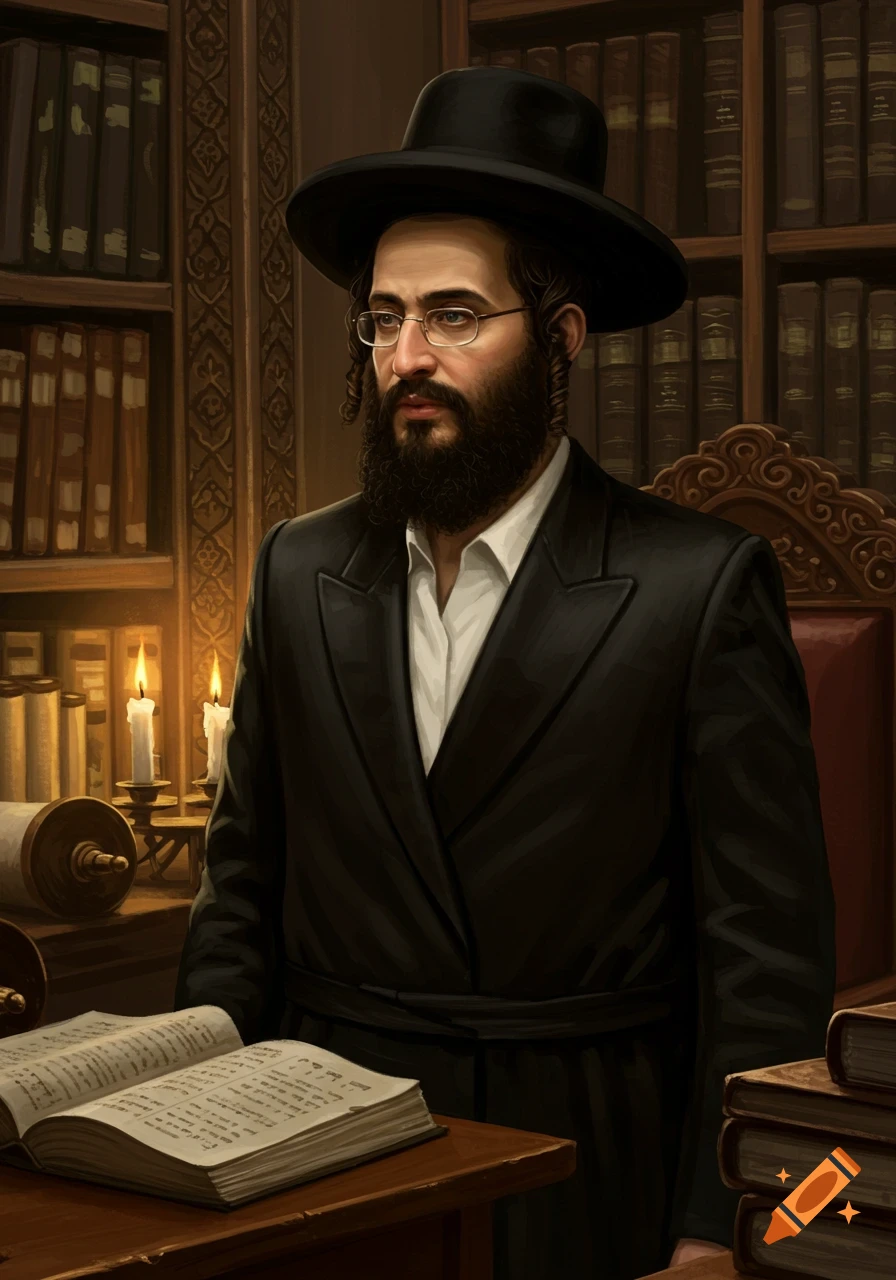 A man in traditional Hasidic Jewish attire, including a black hat, suit ...