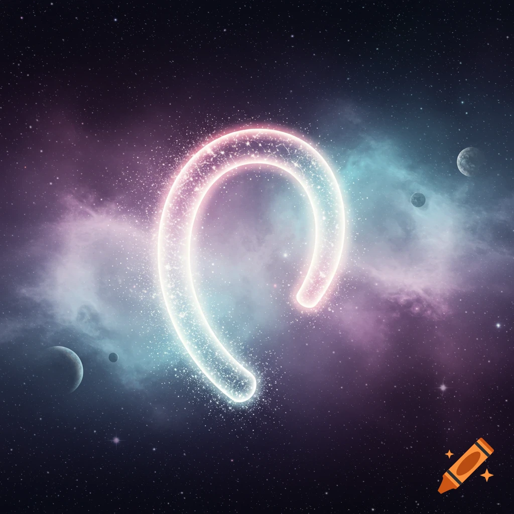 A glowing, U-shaped symbol, transitioning from pink to blue, with ...