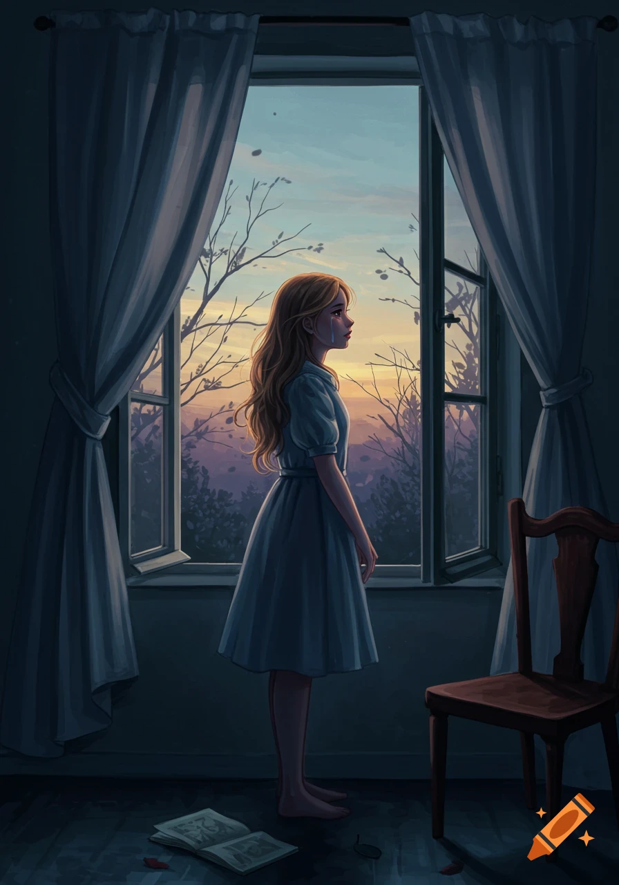 An illustrated girl crying while looking out a window at a twilight ...