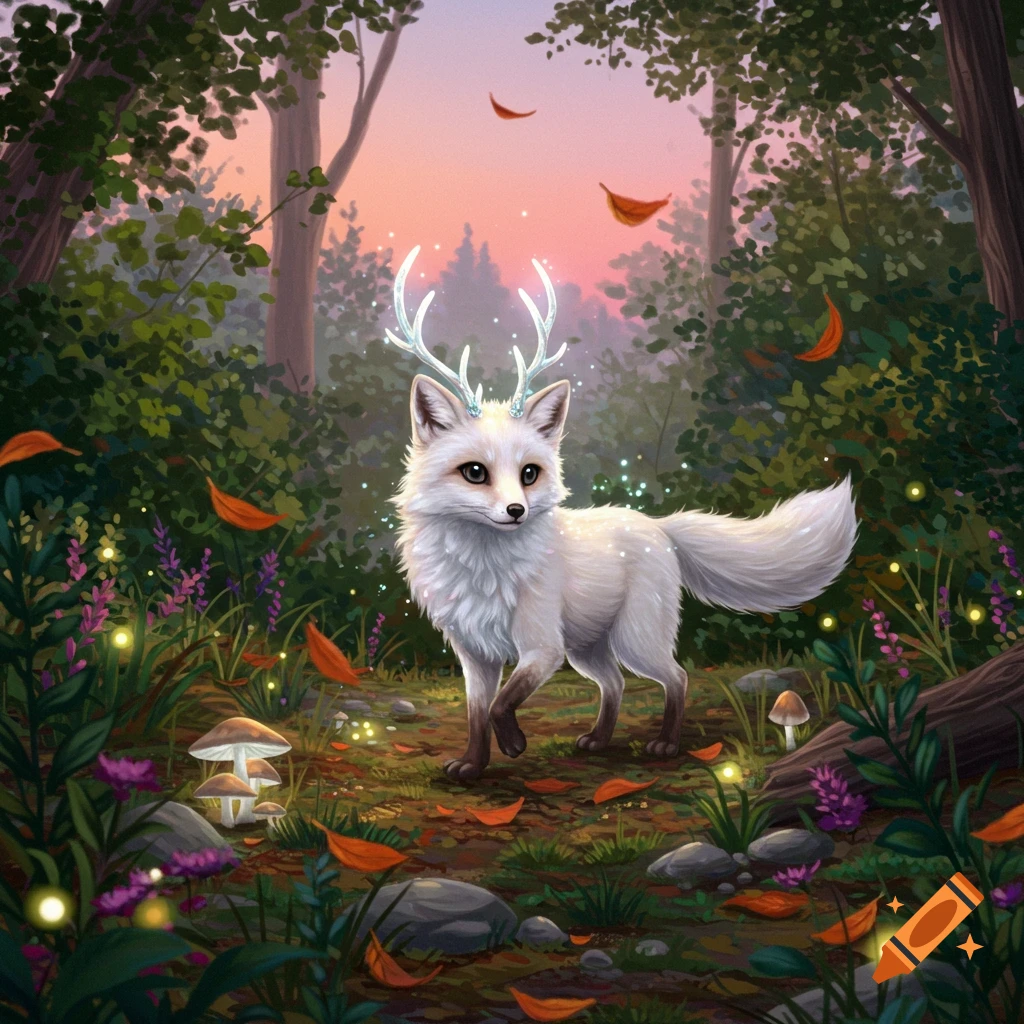 A cute white fox with glowing antlers stands in a magical forest with ...