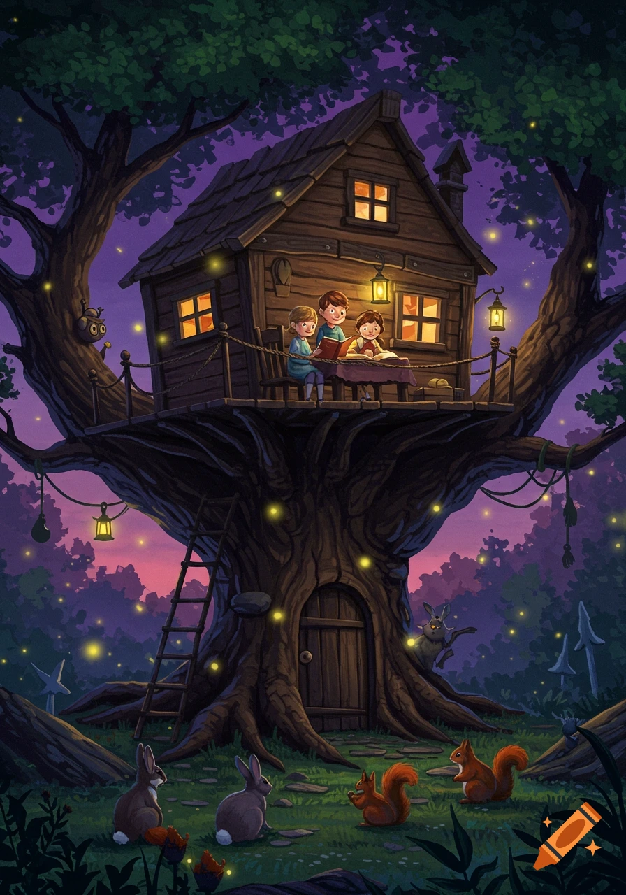 Illustrated children's scene of kids reading in a cozy treehouse at ...