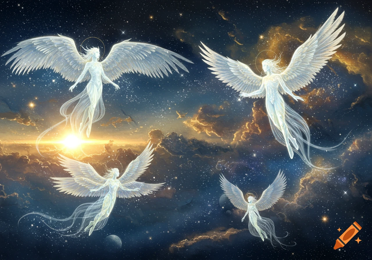 Four ethereal angels with large white wings float in a vast starry cosmic sky with golden clouds ...