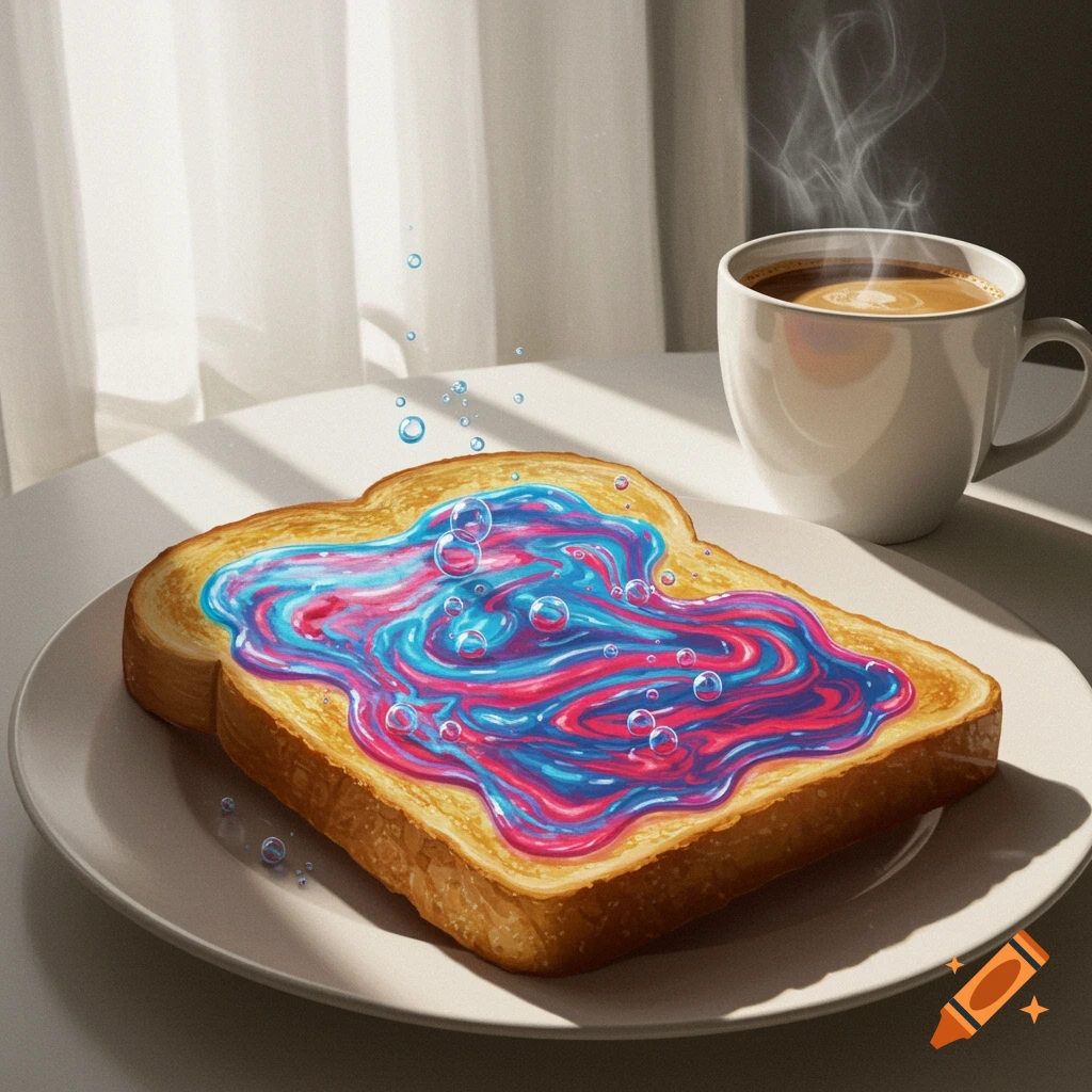A slice of toast topped with a vibrant blue and pink swirled spread and ...