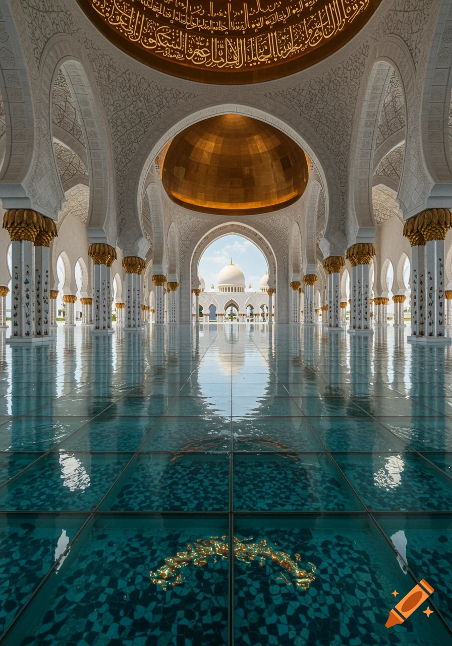 Photorealistic interior view of a grand mosque with white marble arches ...