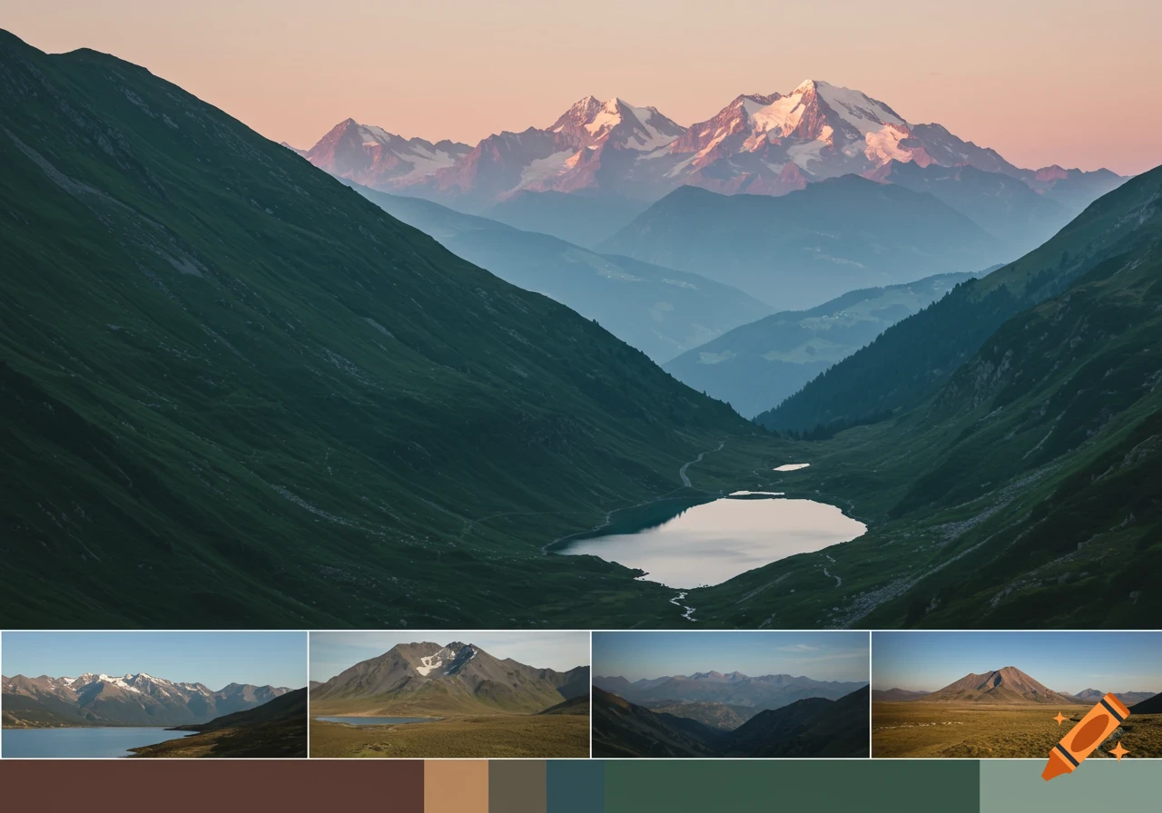 A vast mountain landscape with a lake in a valley, flanked by lush ...