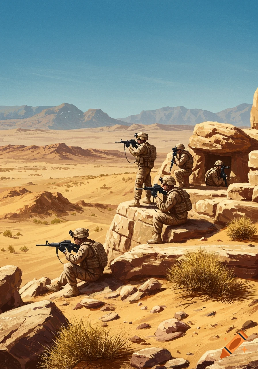 American soldiers in desert camouflage on rocky outcrops, observing a ...