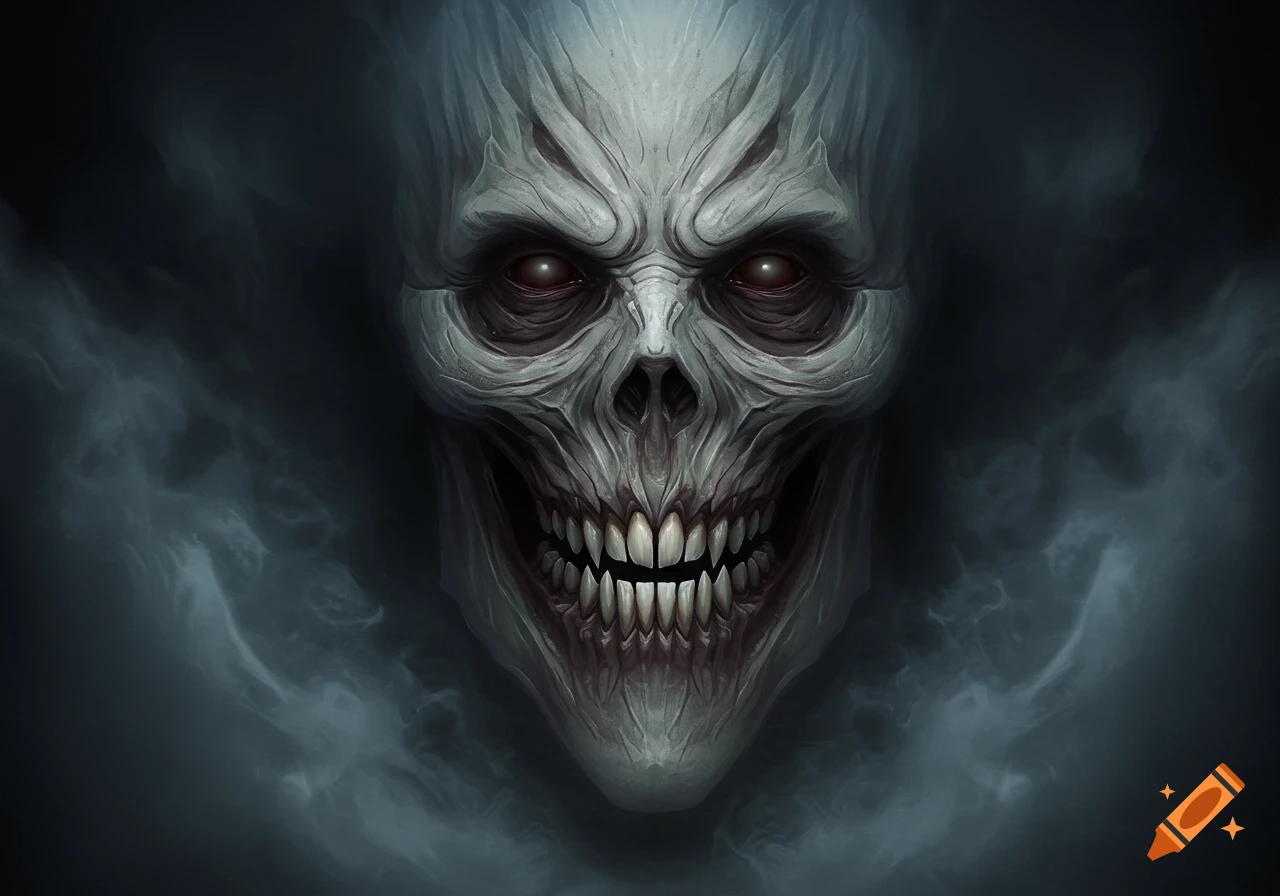 A menacing, grey, skull-like monster face with glowing red eyes and sharp teeth grins from dark ...