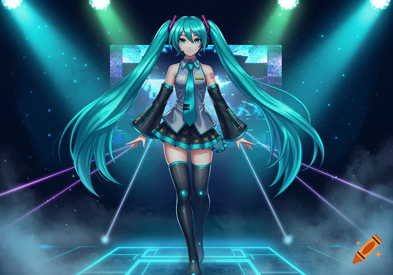 Anime-style illustration of Hatsune Miku with long teal pigtails ...