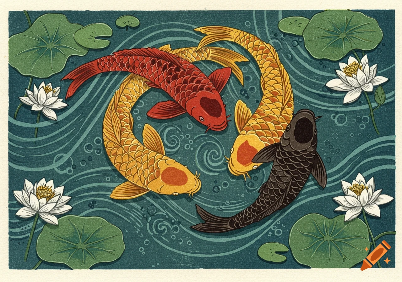 Japanese illustration of two koi fish and a pheasant forming a circular ...