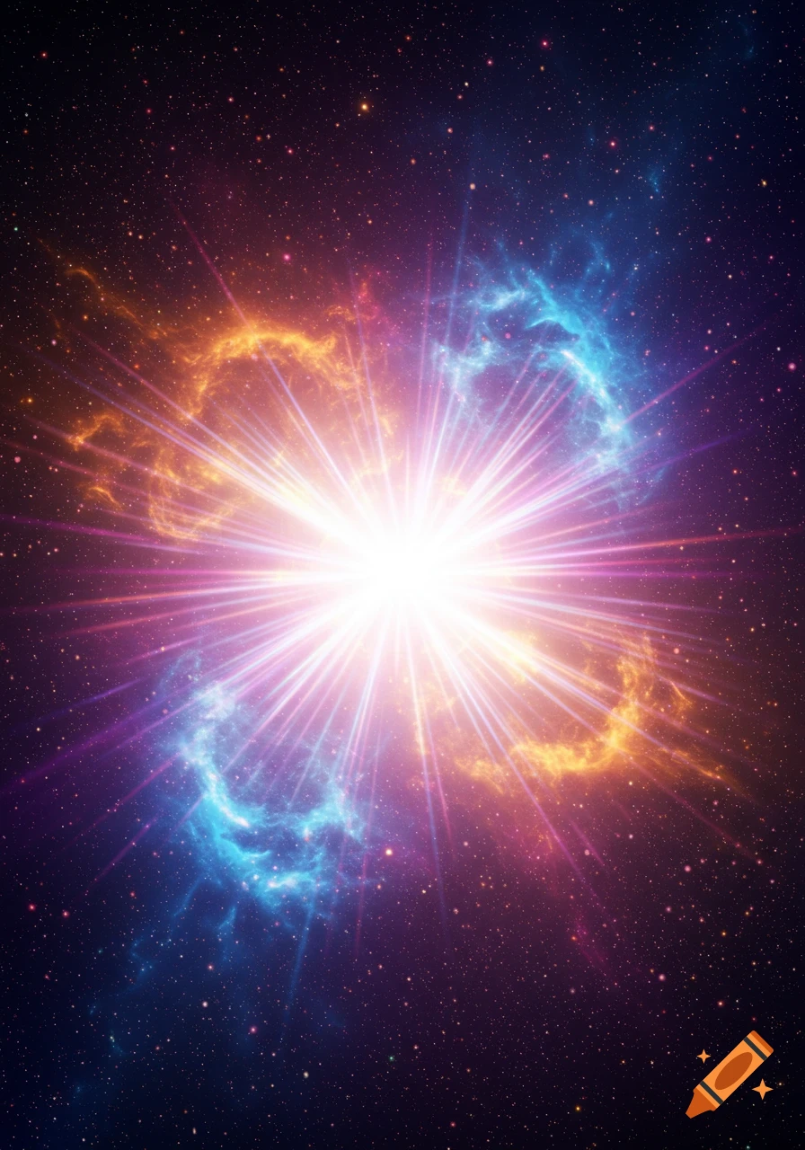 Vibrant cosmic explosion with a central orange and blue eye-like nebula ...