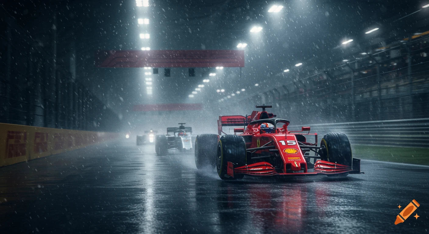 A red Formula 1 race car leads a pack of other cars on a track at night ...