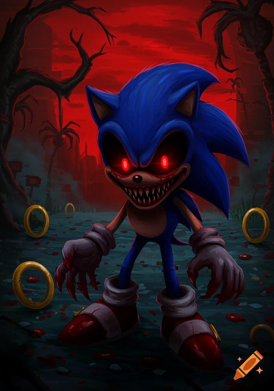 A creepy, blood-splattered Sonic.exe with red eyes and sharp teeth ...