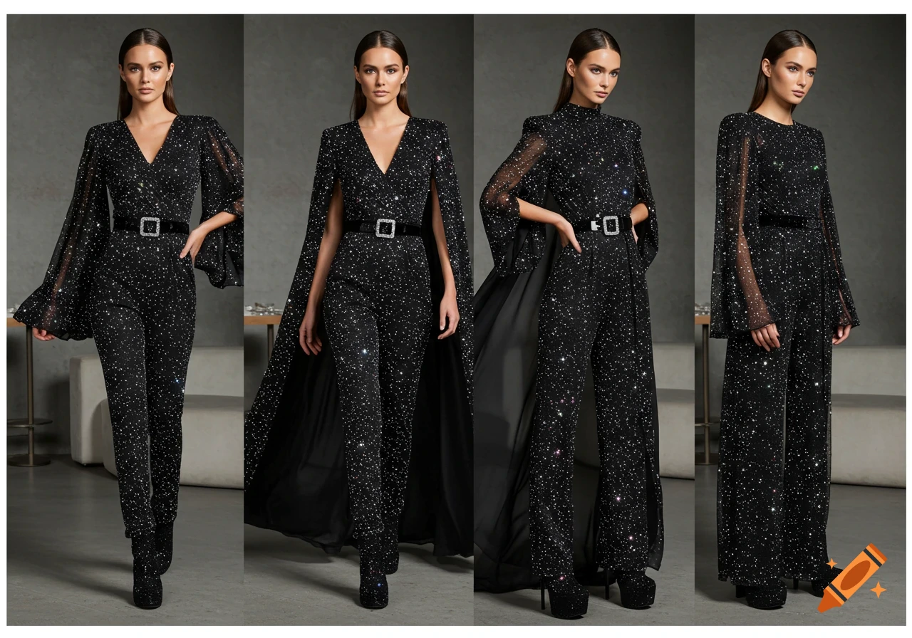 Four full-body images of a model wearing different black sparkly ...