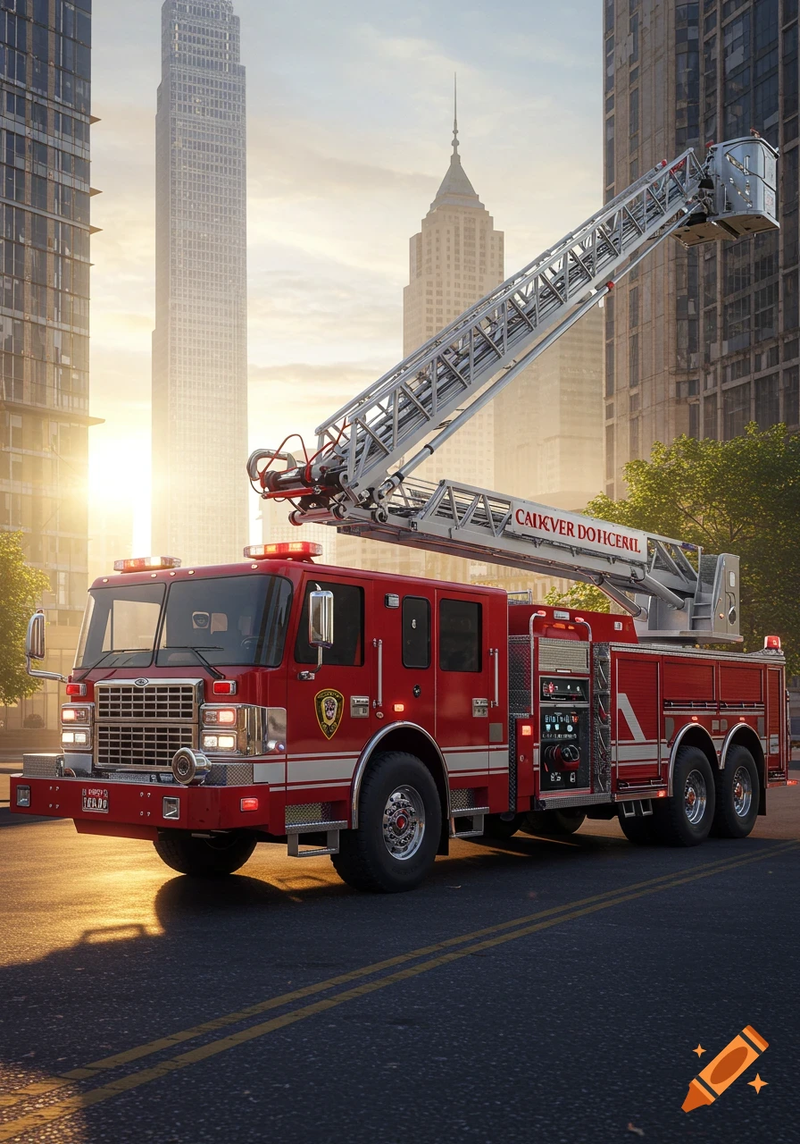 A large red modern fire engine truck with its white ladder extended ...