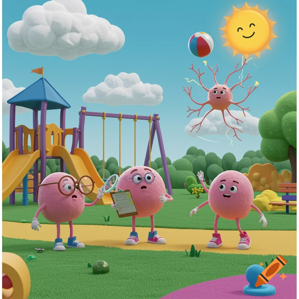 Three pink cartoon neuron characters in a bright playground; one holds ...