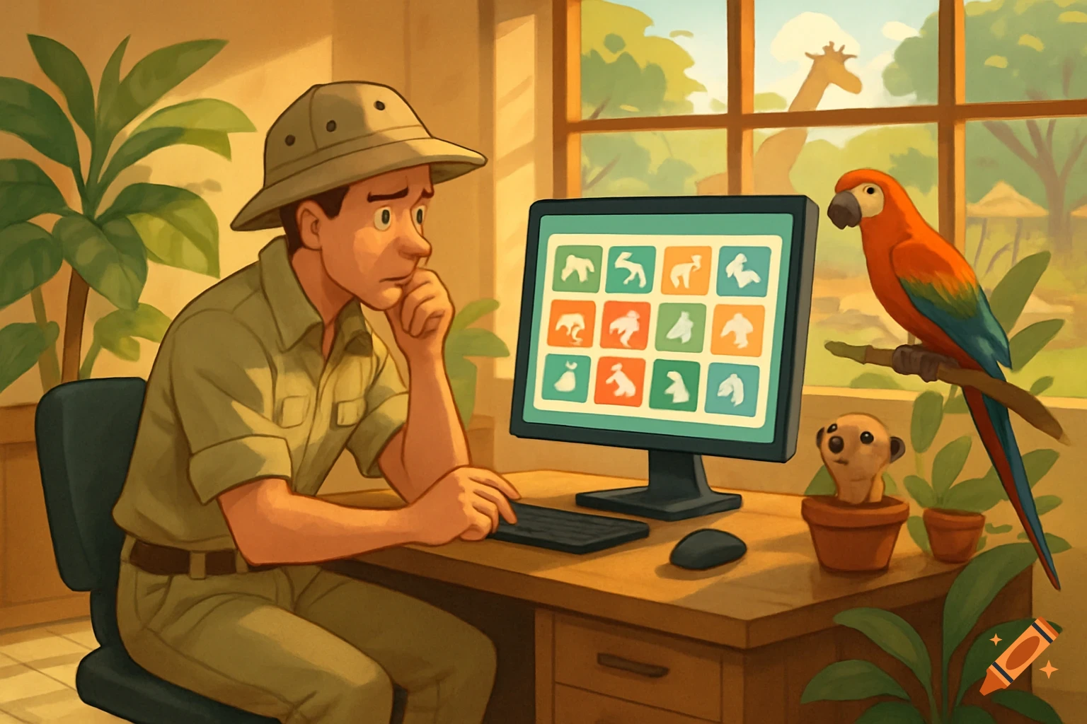 A vibrant cartoon of the green Duolingo owl sitting on a tree branch ...