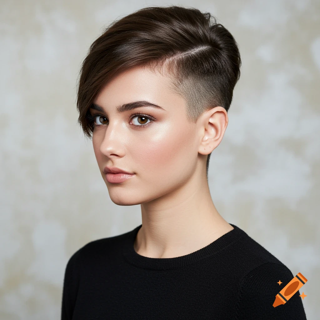 A young woman with a dark brown pixie cut and shaved undercut wears a black sweater, looking at ...