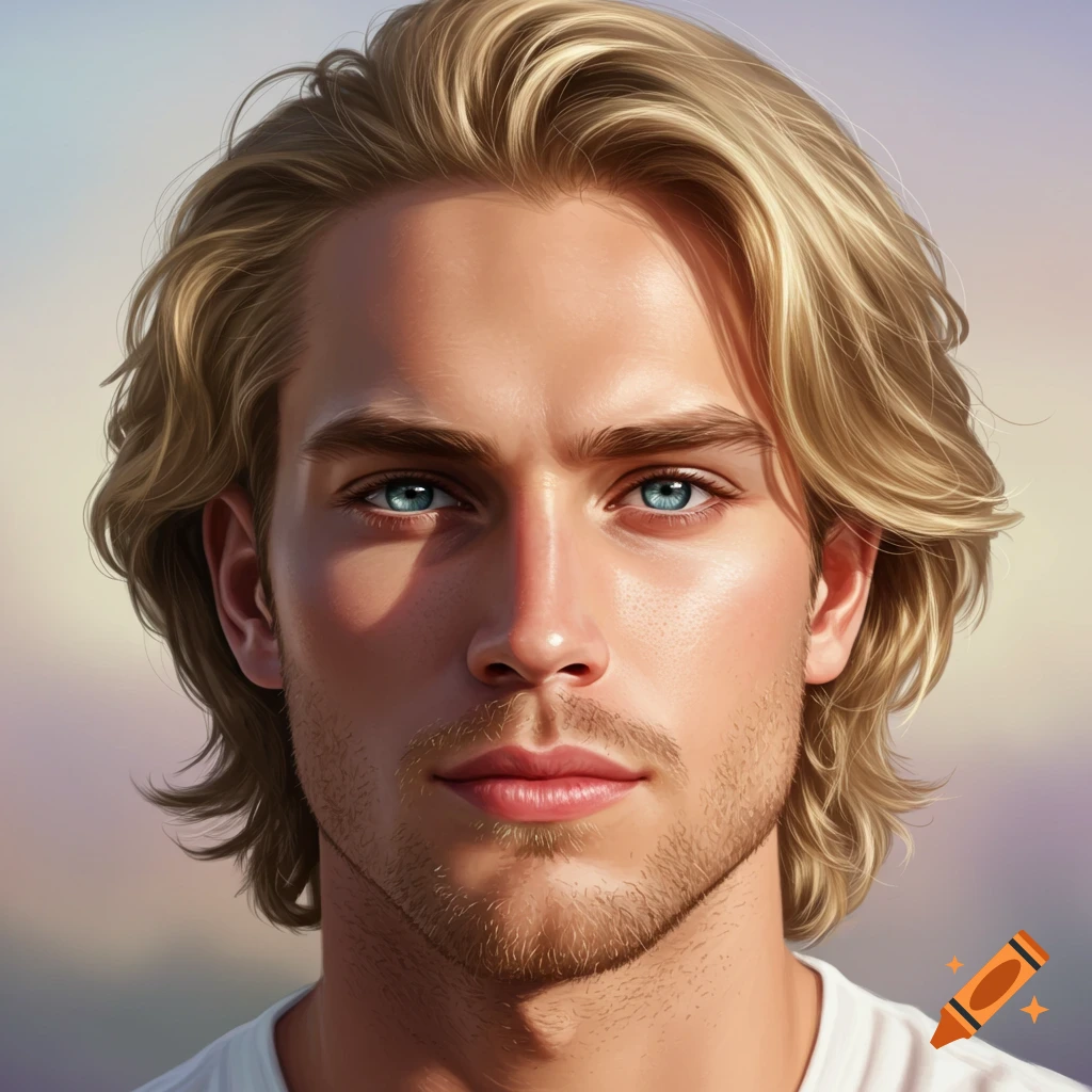 A digital portrait of a man with light blonde hair, blue eyes, and a ...
