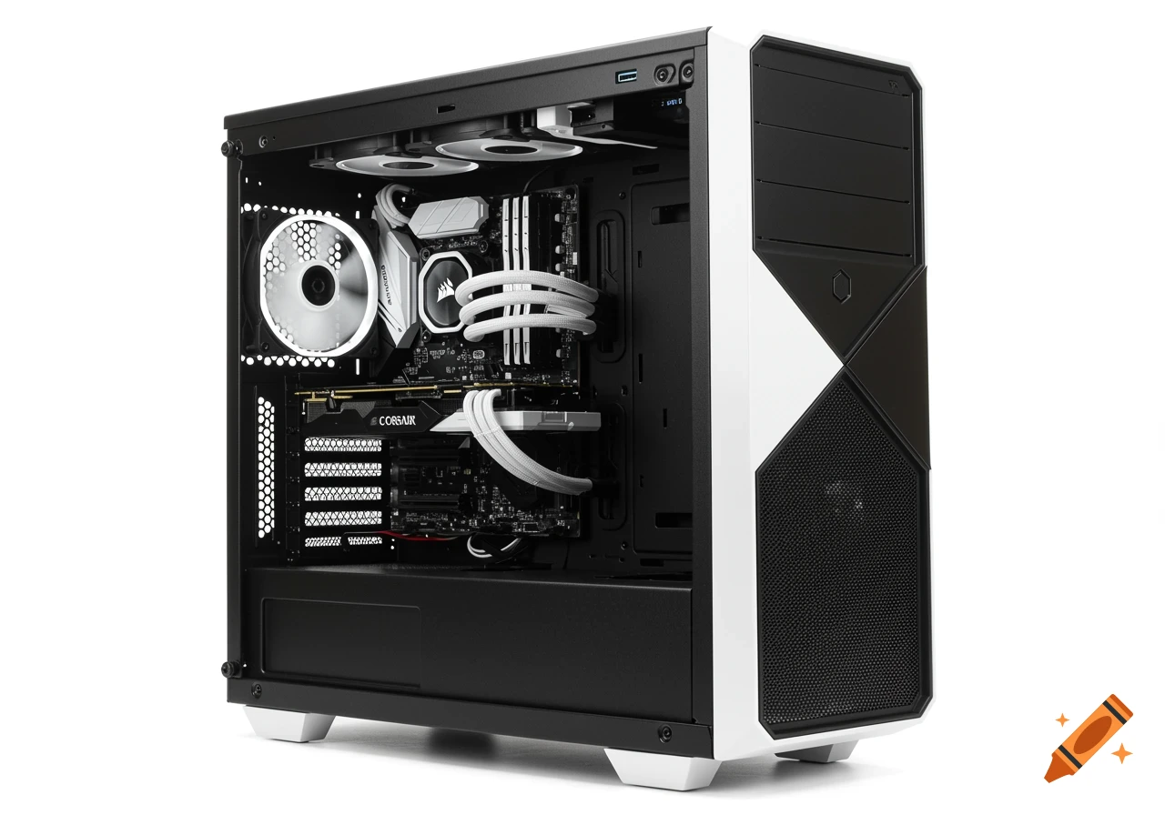 A black and white Corsair 4000D AIRFLOW computer case with an open side ...