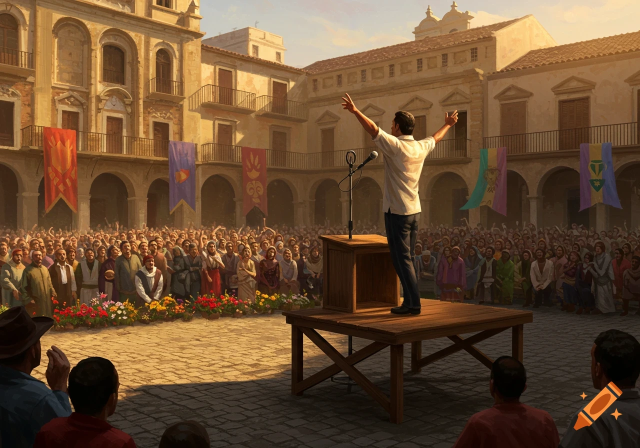 A man speaks from a podium to a large crowd in a town square surrounded ...