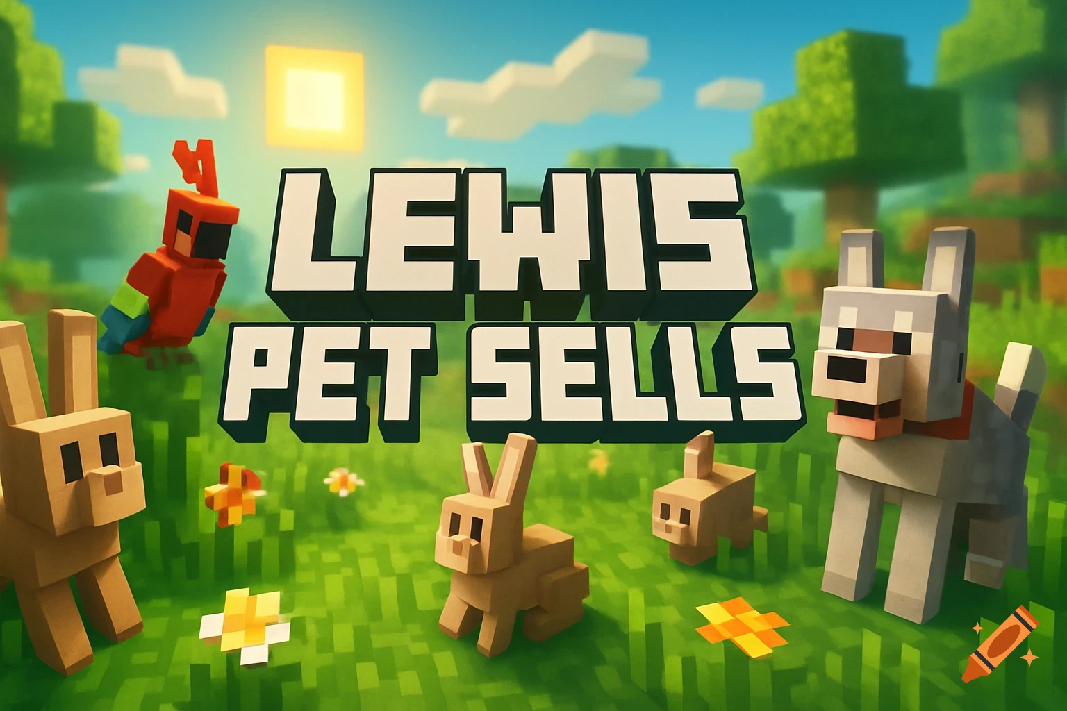Blocky Minecraft-style banner with 'LEWIS PET SELLS' text, featuring a ...