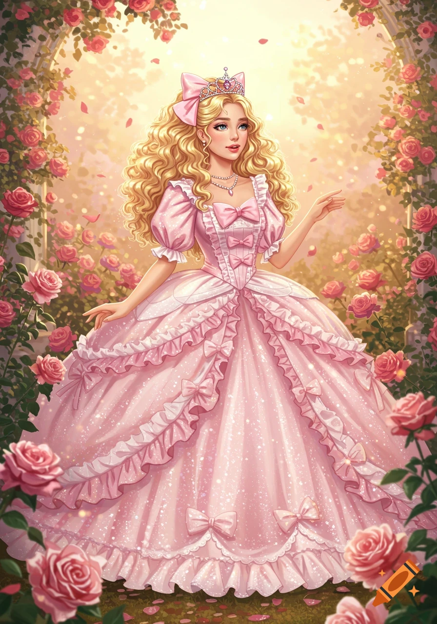 An illustrated princess with curly blonde hair in a glittery pink ...