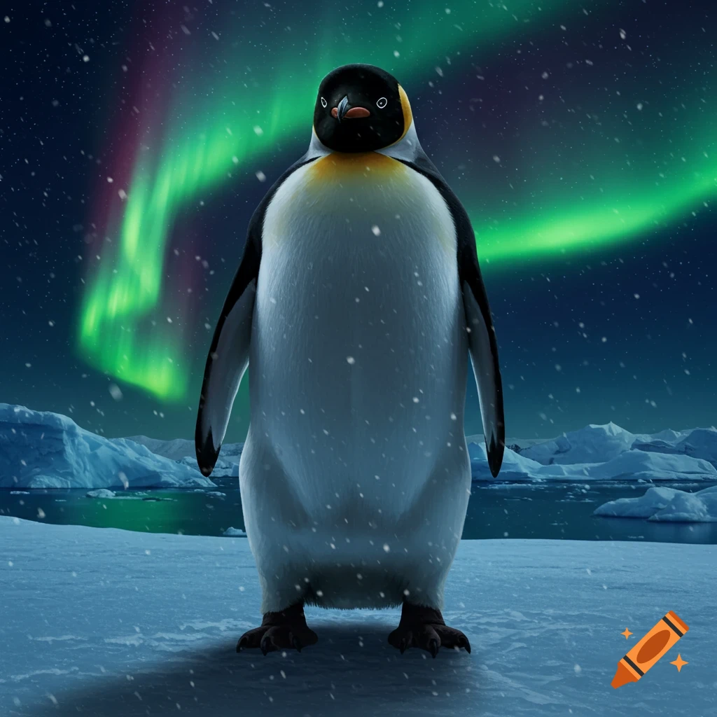 A large emperor penguin stands on ice under a vibrant green aurora ...
