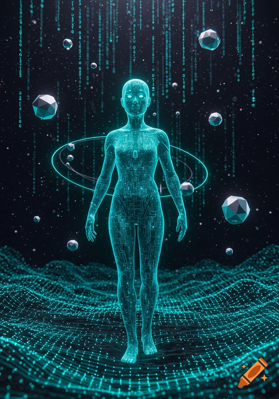 A glowing, circuit-like humanoid figure stands in a dark, digital landscape with falling binary ...