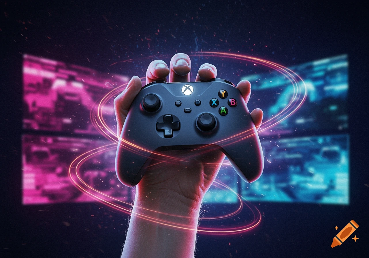 A close-up shot of an Xbox controller glowing with vibrant pink and ...