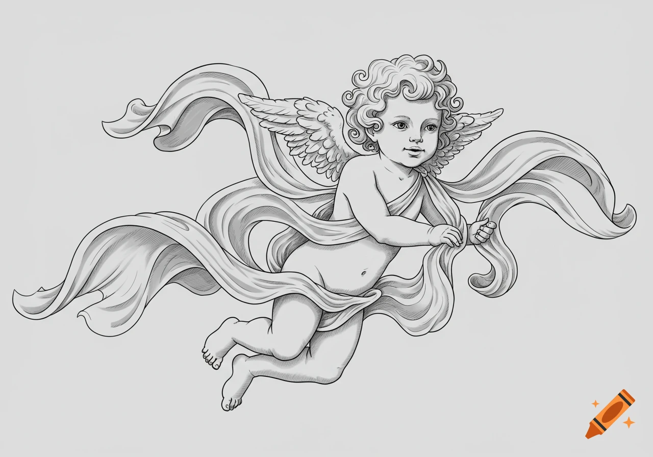 A black fine line drawing of a chubby cherub with curly hair, wings ...