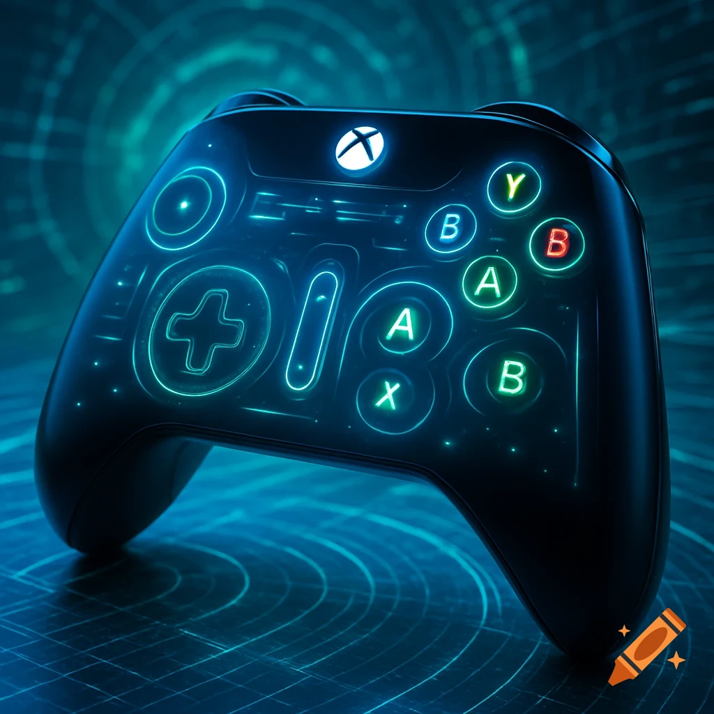 A black game controller with neon blue, pink, and green glowing edges ...