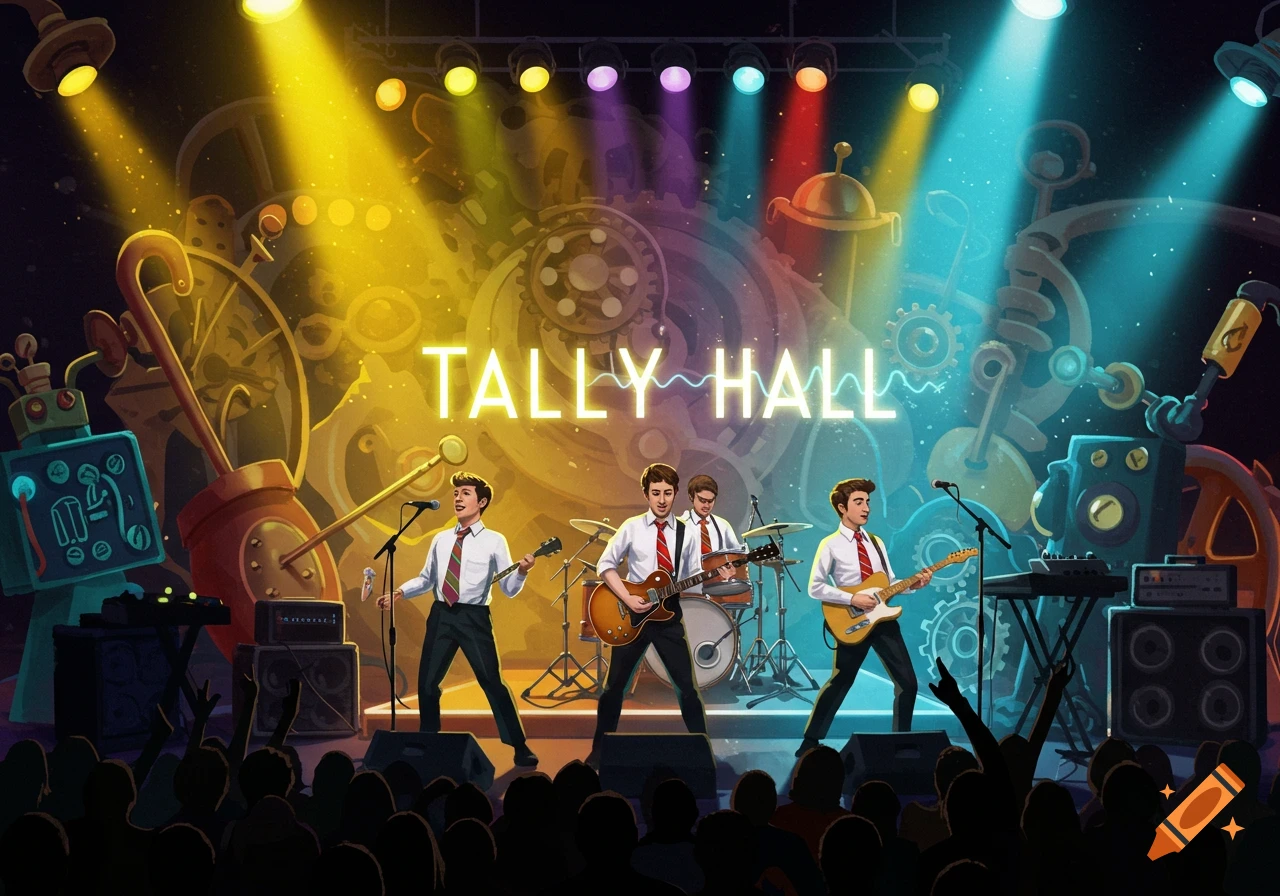 The band Tally Hall performs on a brightly lit stage with a neon sign ...