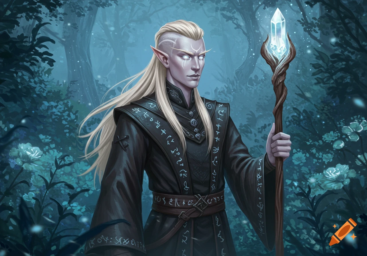 A male elf wizard with long blonde hair and white eyes, wearing a black robe with runes, holding ...